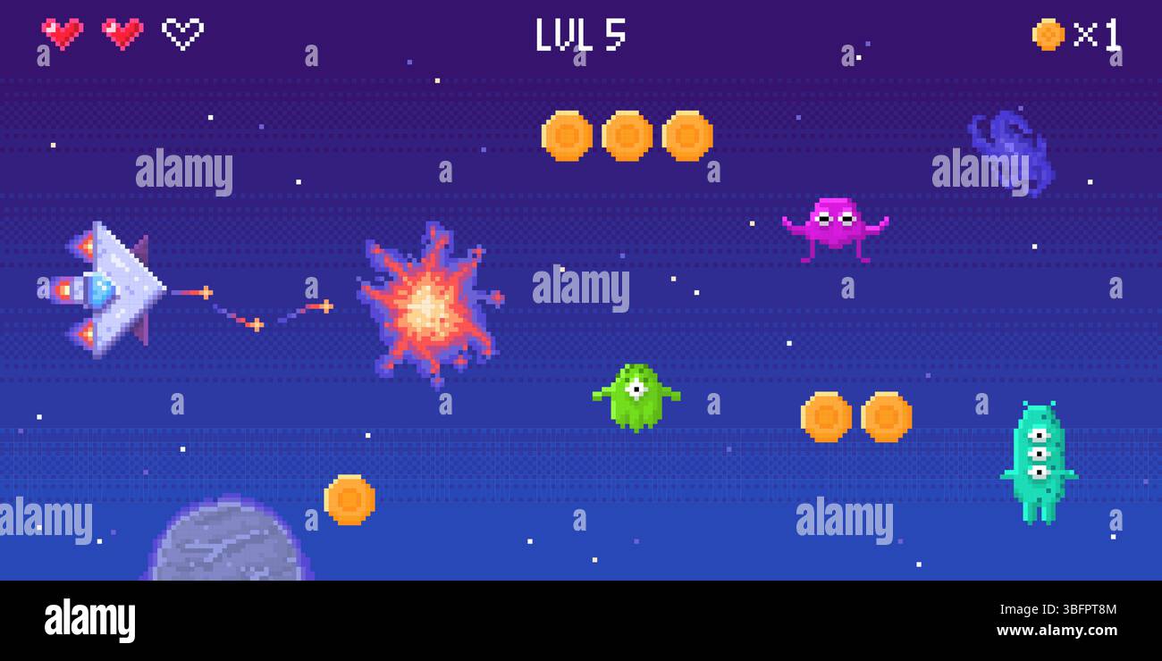 Retro space invader pixel art game scene - 8 bit arcade shooter with ...