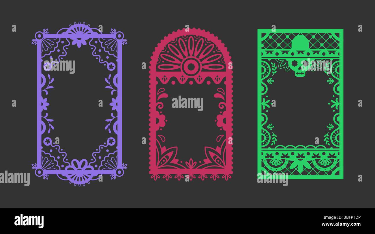 Mexican papel picado frame border set - purple rectangular cutout with ...