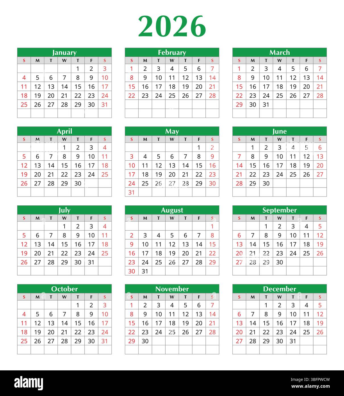 2026 year english vector calendar with 12 months in frames (week starts ...