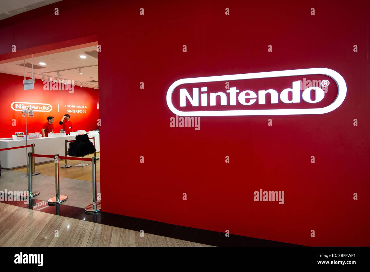 Nintendo pop-up retail store, red theme background, minimalist design ...