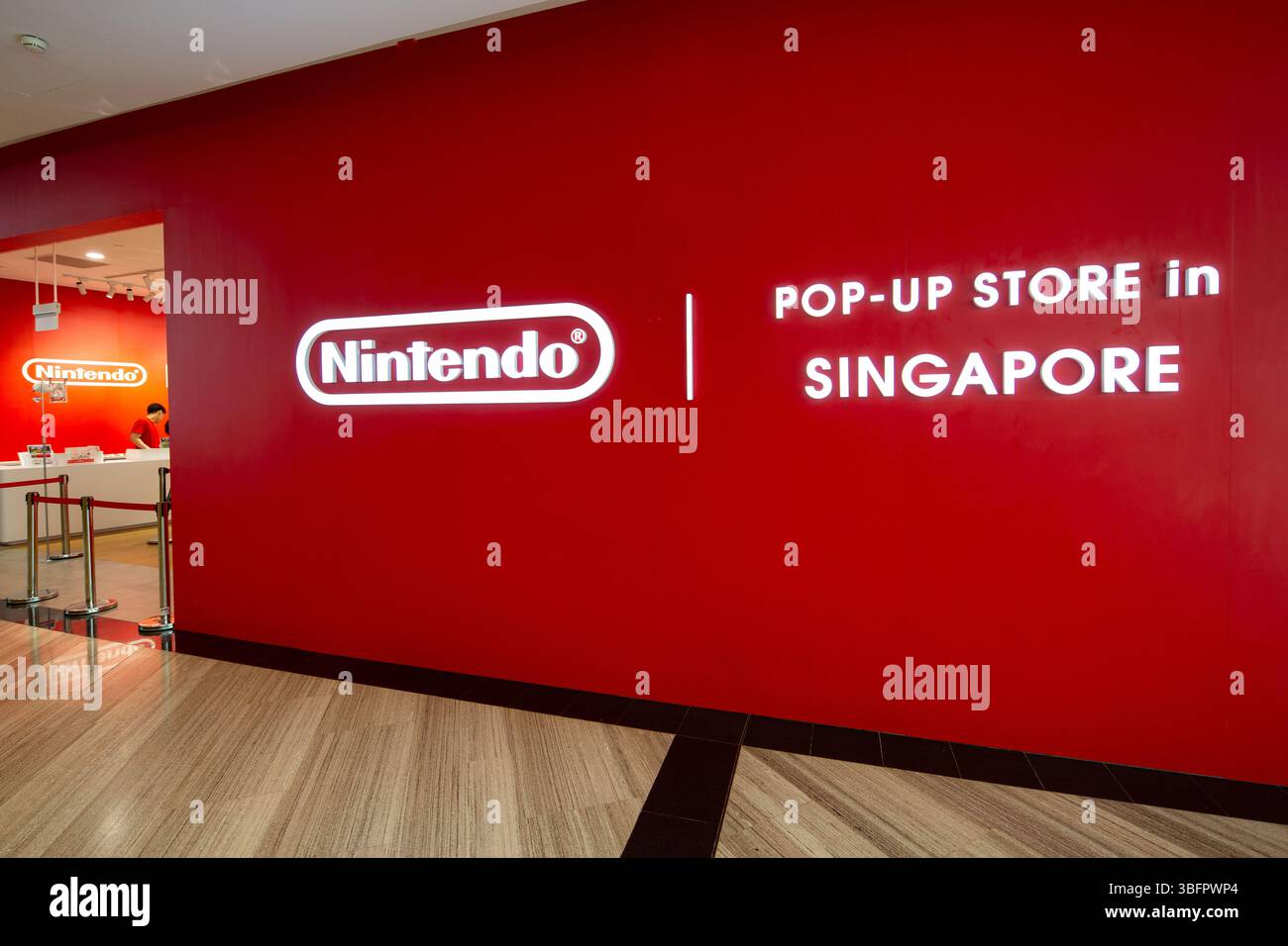 Nintendo pop-up retail store, red theme background, minimalist design ...