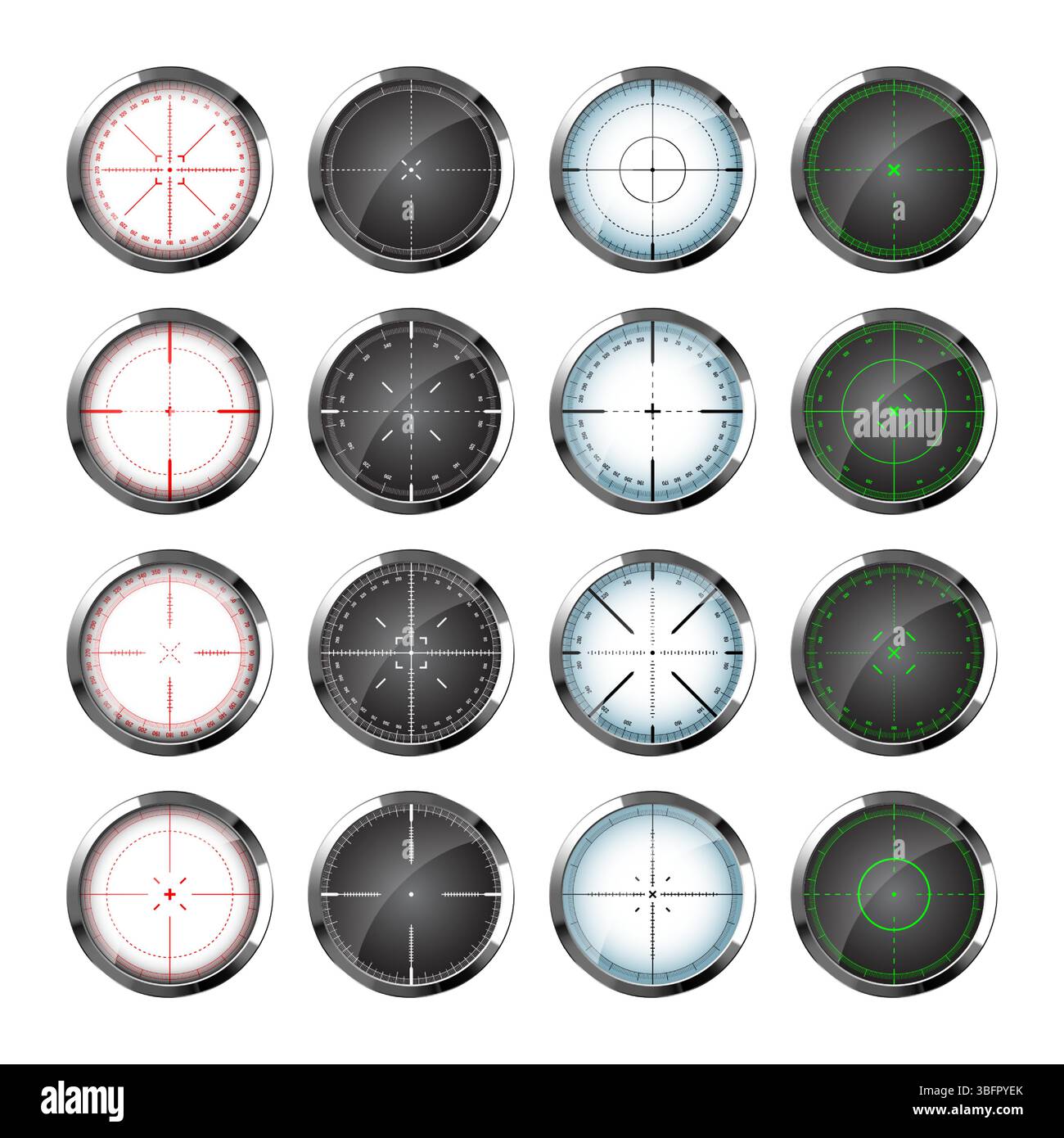 Chrome weapon sights, sniper rifle optical scopes. Hunting gun ...