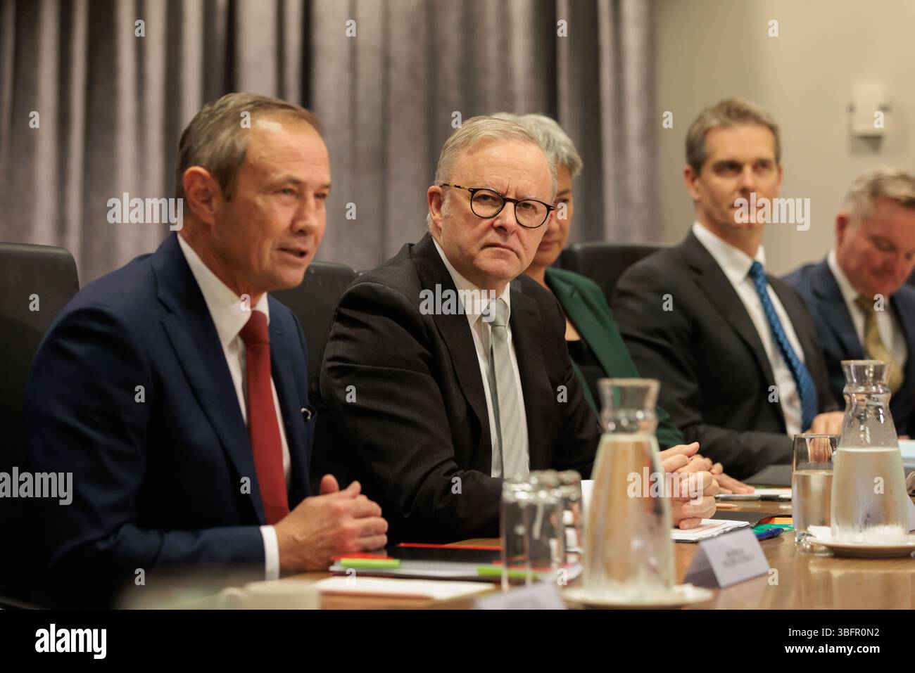 Perth, Australia. 03rd June, 2025. WA Premier Roger Cook (left) speaks ...