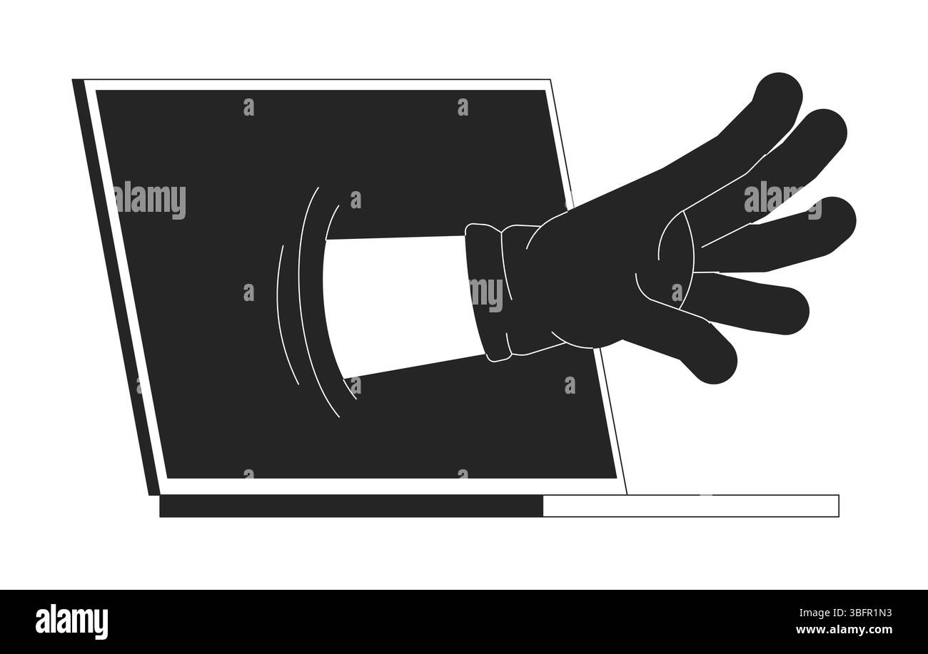 Cyber threat gloved hand reaching from laptop outline illustration ...