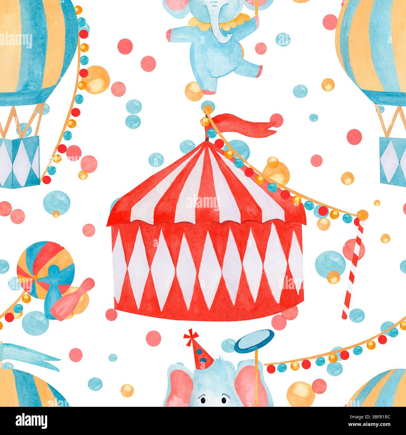 Watercolor hand drawn circus illustration featuring elephants, balloons ...