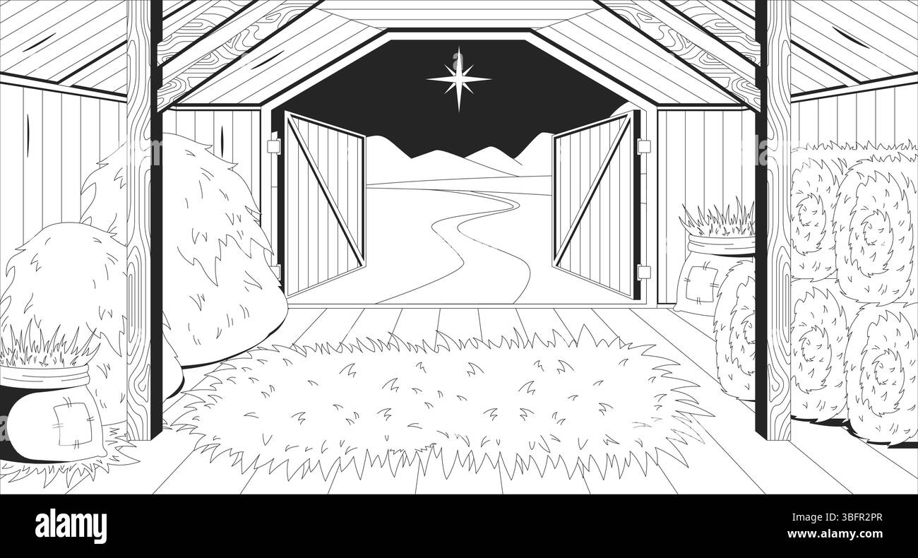 Empty stable interior with straw and star of Bethlehem line ...