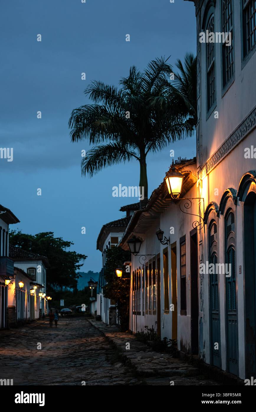 Colonial Street with Evening Lights in Paraty, Brazil Stock Photo - Alamy