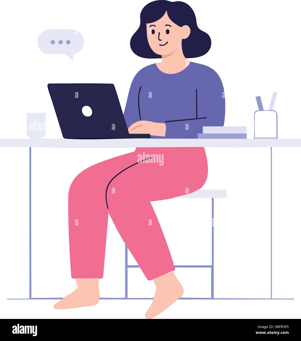 Elegant Woman Working at Modern Desk with Laptop | Flat Vector ...