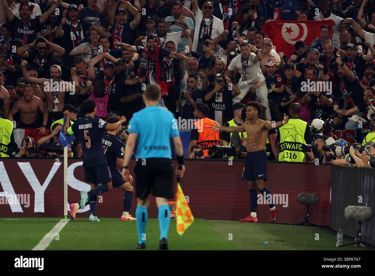 Munich, Germany May 31, 2025: Desire Doue of PSG score the goal and celebrate during 2024-2025 ...