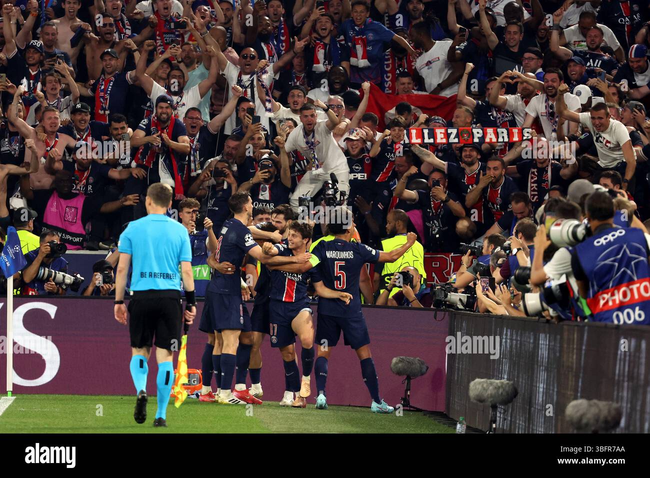 Munich, Germany May 31, 2025: Desire Doue of PSG score the goal and celebrate during 2024-2025 ...