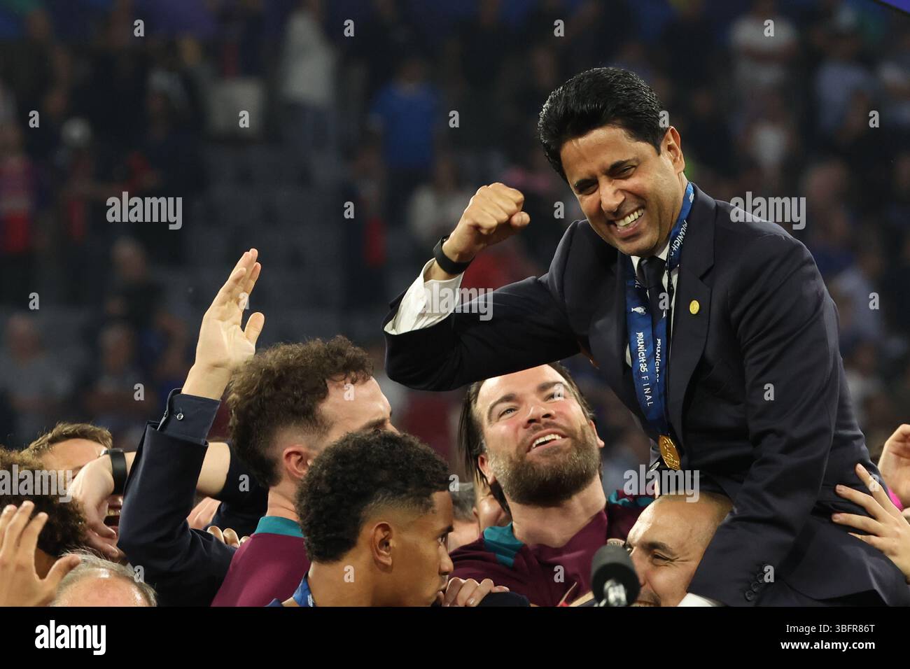 Munich, Germany May 31, 2025: Nasser Al-Khelaifi president of PSG lift the cup in award cerimony ...