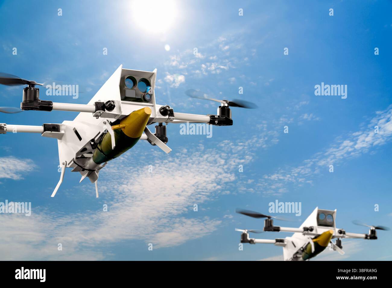Weaponized FPV drone in flight carrying aerial bomb during military ...