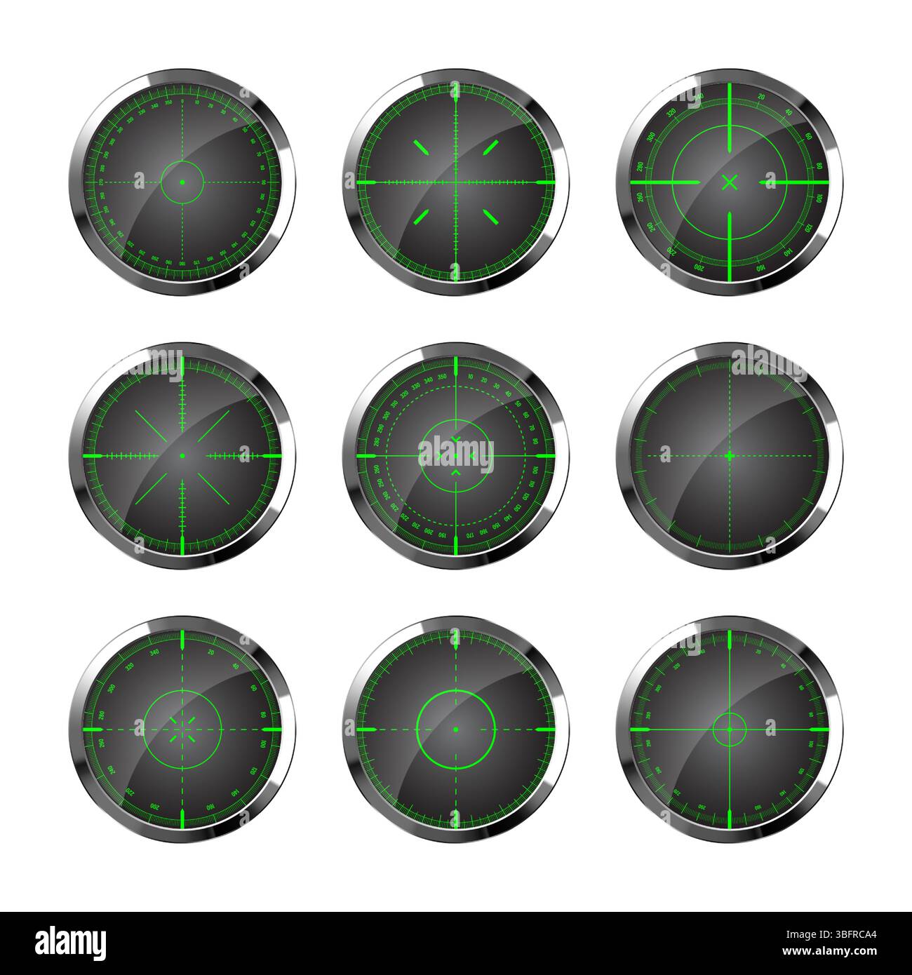 Chrome weapon night sights, sniper rifle optical scopes. Hunting gun ...