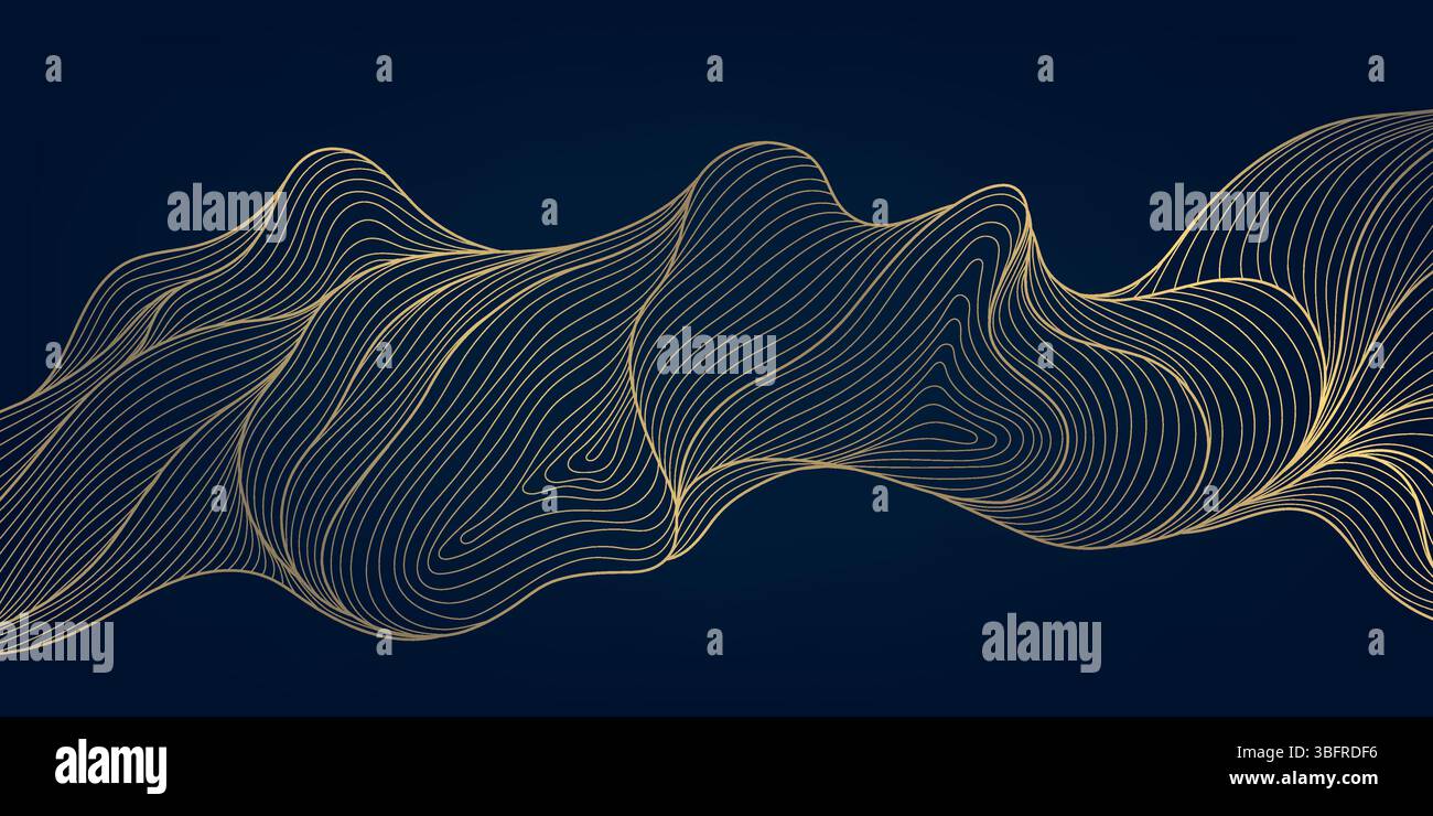 Vector line golden japanese wave, elegant sea ornament, art deco fancy ...