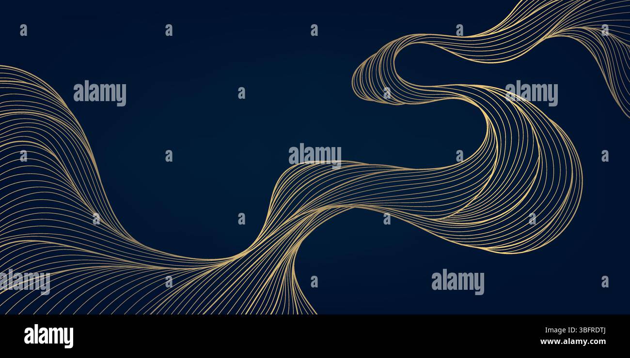 Vector line golden japanese wave, elegant sea ornament, art deco fancy ...