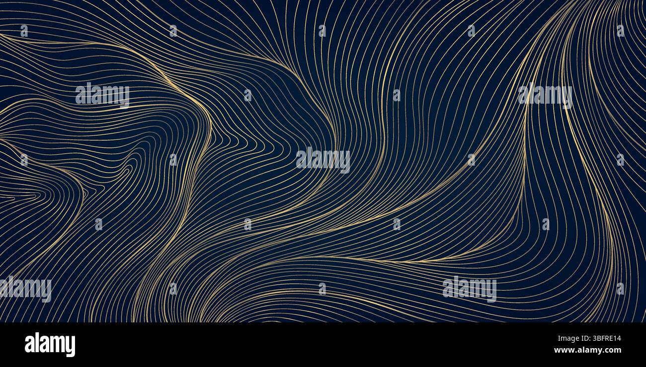 Vector line golden japanese wave, elegant sea ornament, art deco fancy ...
