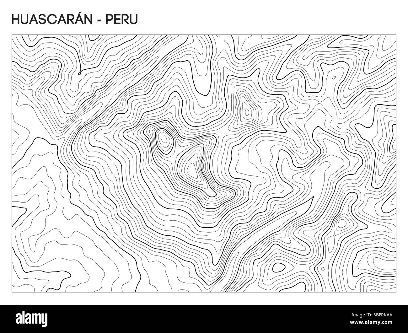 Topographic contour map of Huascaran mountain in Peru showing peak elevation and rugged Andean ...