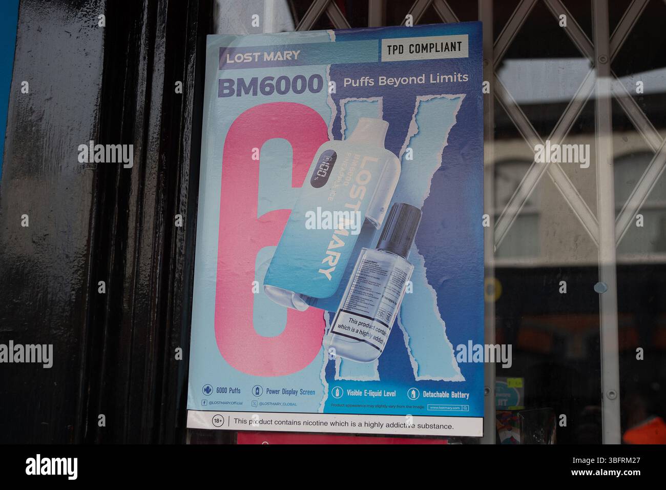 Windsor, Berkshire, UK. 3rd June, 2025. An advert for vapes in a corner ...