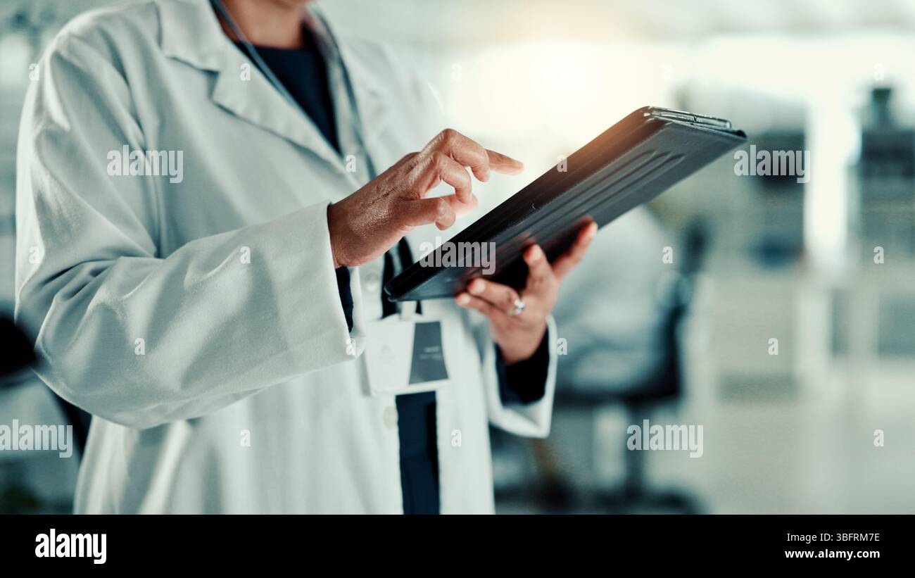 Hands, person and scroll on tablet in lab for medical research, genes ...
