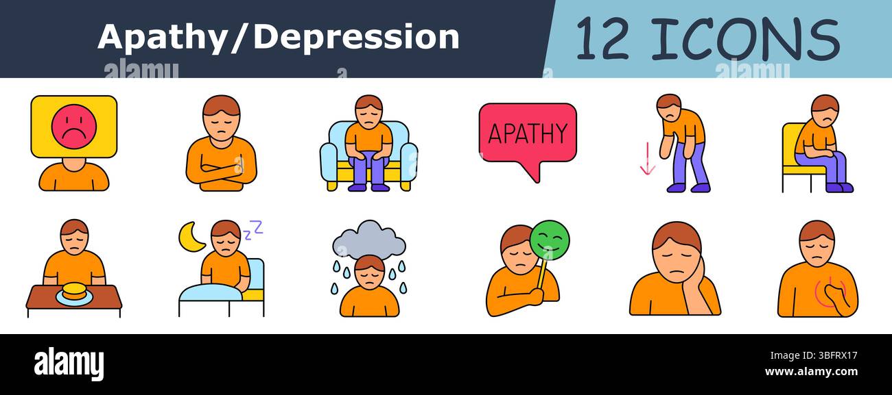 Apathy set icon. Sad face, stomach pain, sitting person, apathy speech ...
