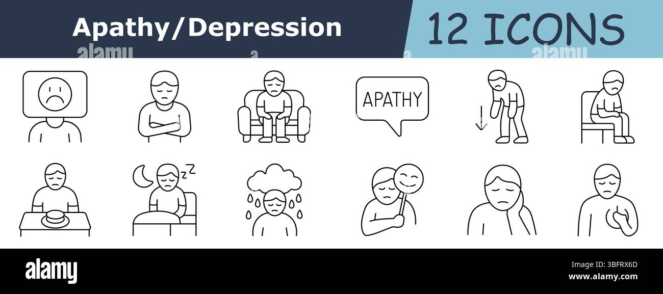 Apathy outline set icon. Square sad face, pain in stomach, sitting ...