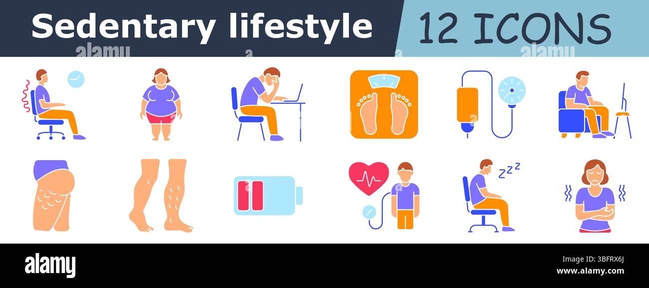 Sedentary lifestyle outline set icon. Seated man, spine ache, obesity ...