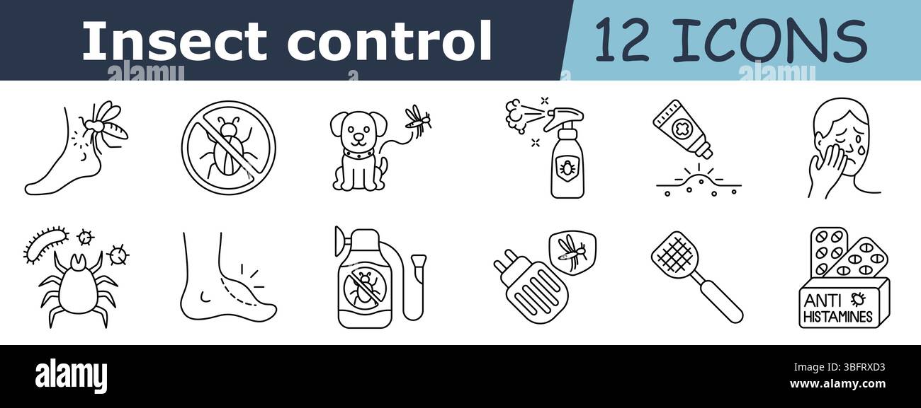 Insect control set icon. Mosquito bite, forbidden bug, dog repellent ...