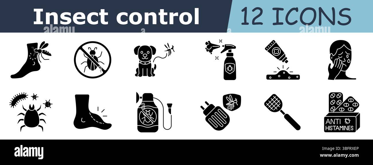 Insect control set icon. Mosquito bite, forbidden bug, dog repellent ...