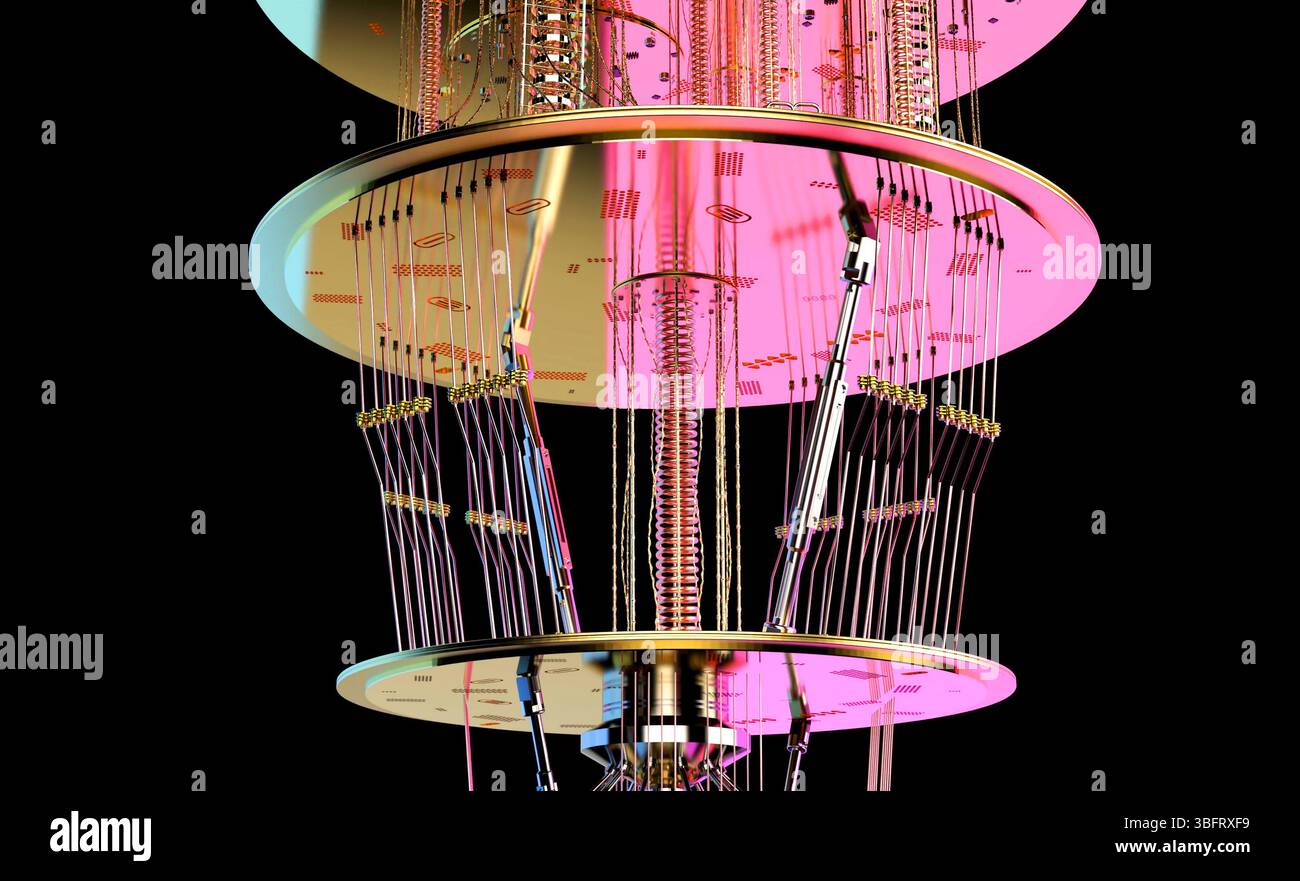 3d rendering golden quantum computer machine close up with neon light ...