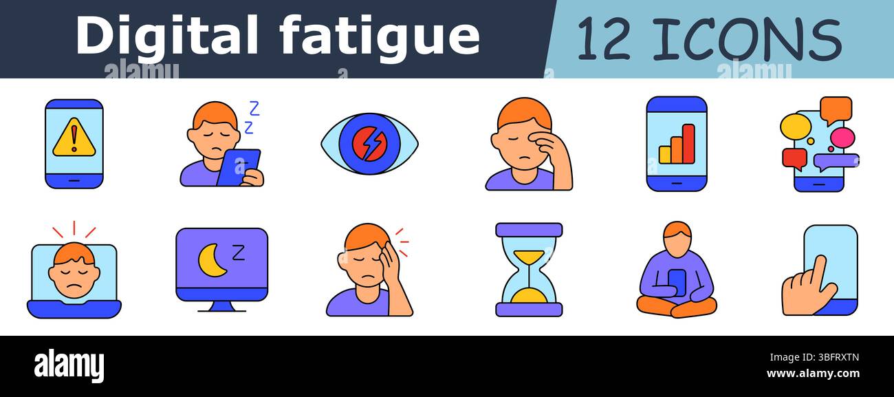 Digital fatigue set icon. Phone alert, sleepy person, eye pain, screen ...