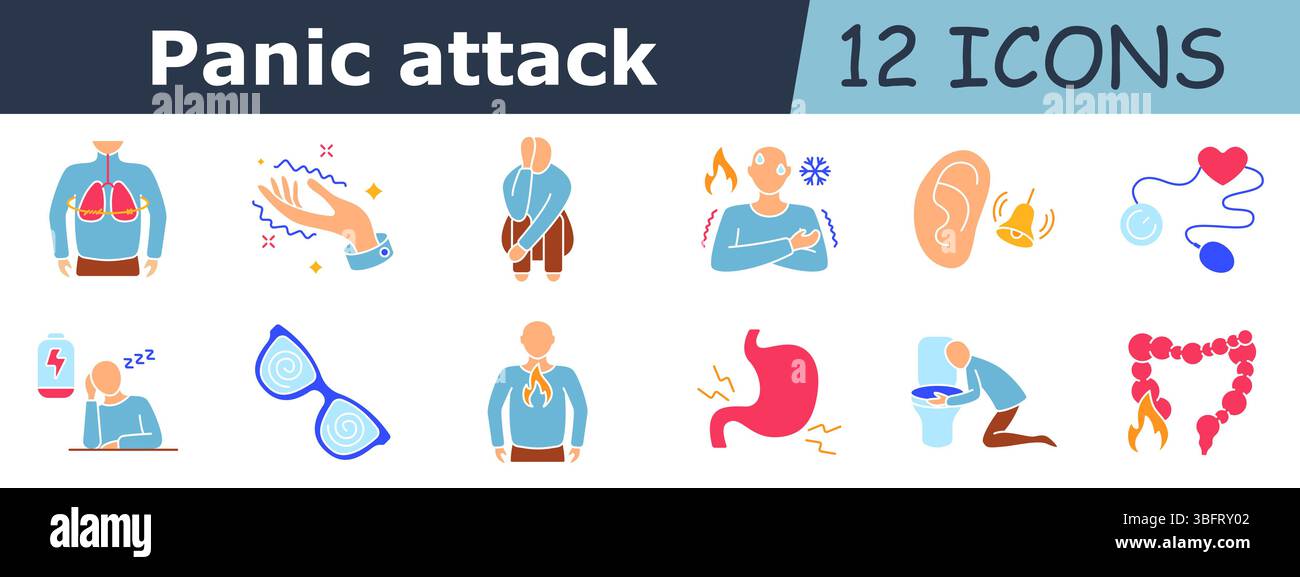 Panic attack set icon. Breathing issue, sparkling hand, crouched figure ...