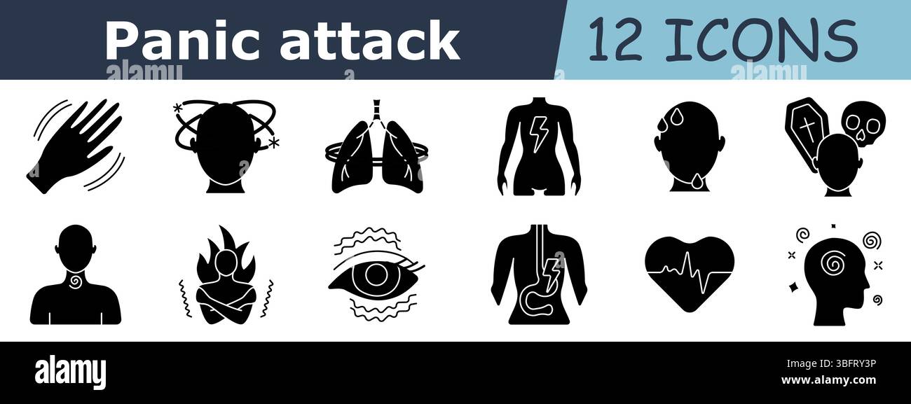 Panic attack flat set icon. Shaking hand, dizziness, lung spasm, body ...