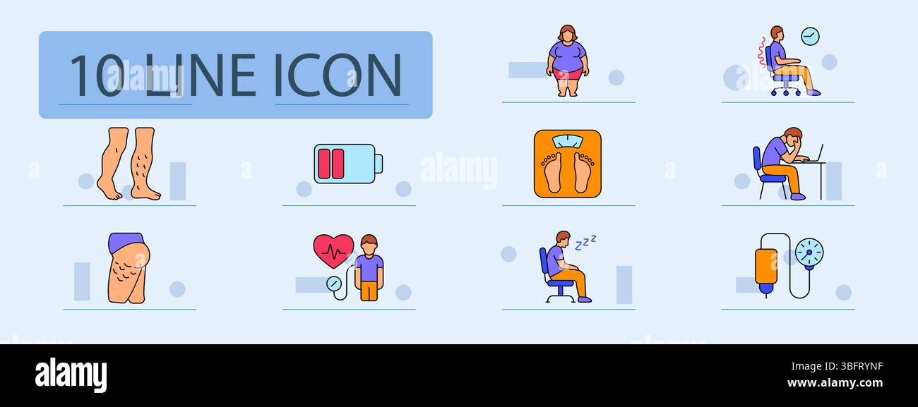 Obesity problem set icon. Varicose legs, overweight woman, posture ...