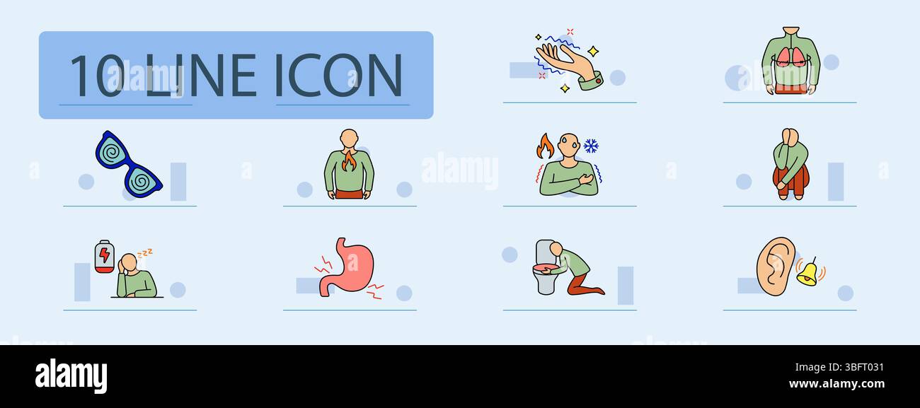 Panic attack set icon. Breathing issue, sparkling hand, crouched figure ...