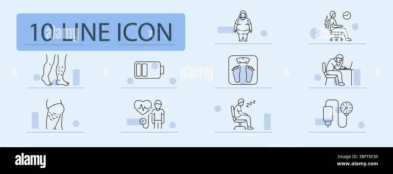 Obesity outline set icon. Varicose legs, overweight body, posture curve ...