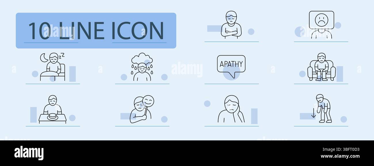 Depression monochrome set icon. Man lying in bed, crying under rain ...