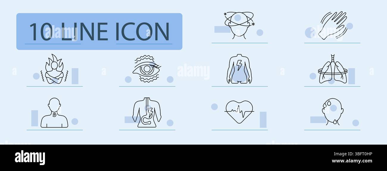 Panic disorder outline set icon. Burnout pose, trembling eye, dizzy ...