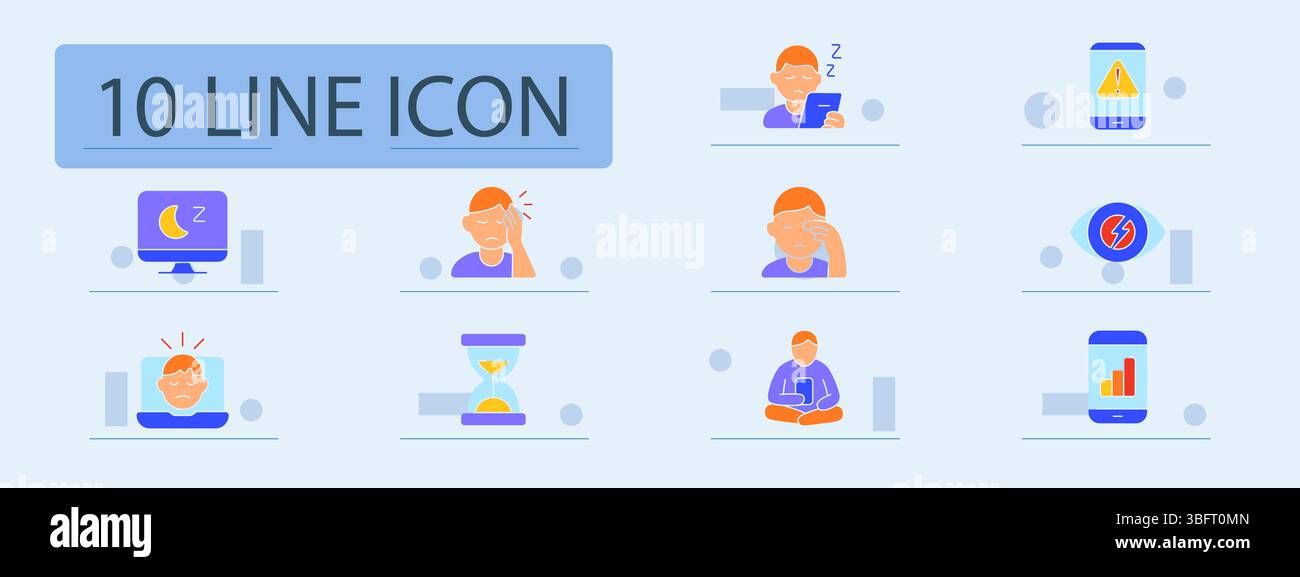 Screen fatigue set icon. Sleepy user, eye pain, warning display ...