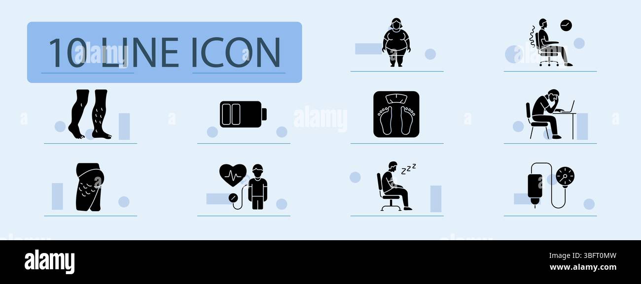 Sedentary lifestyle set icon. Swollen legs, obesity, fatigue, poor ...