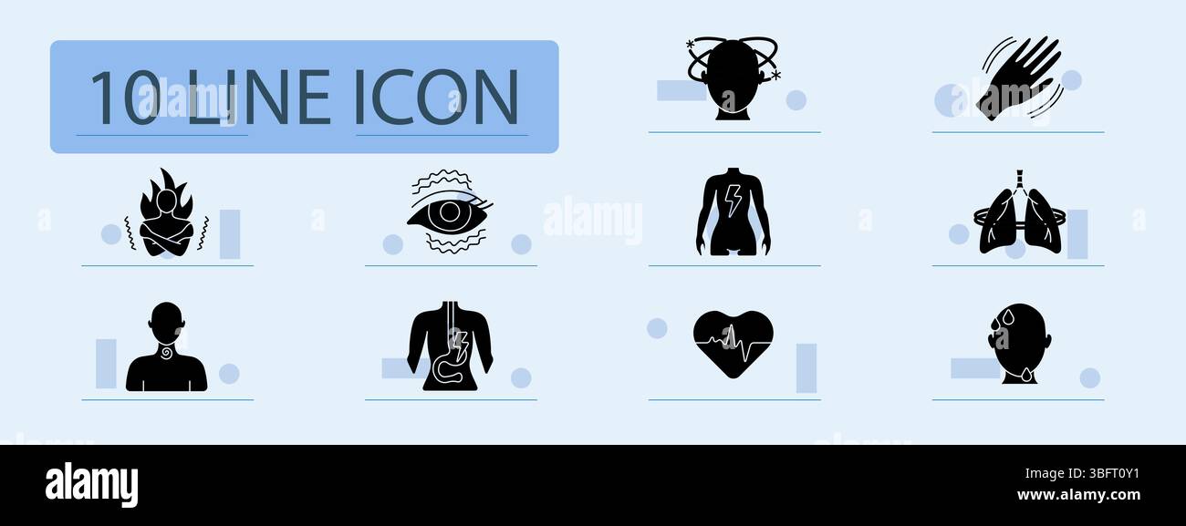 Disease symptom set icon. Fever, twitching eye, dizziness, lung ...