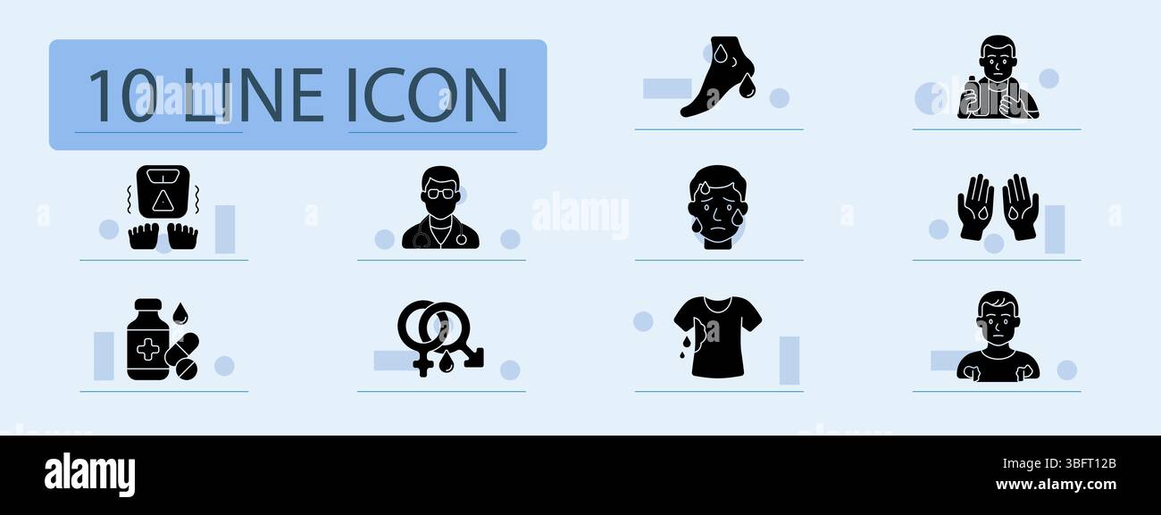 Excessive sweating set icon. Wet feet, sweat face, wet hands, doctor ...