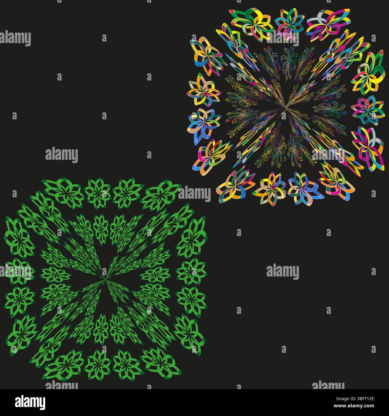 Floral pattern icon. Symmetrical glowing shapes. Vector dark background ...