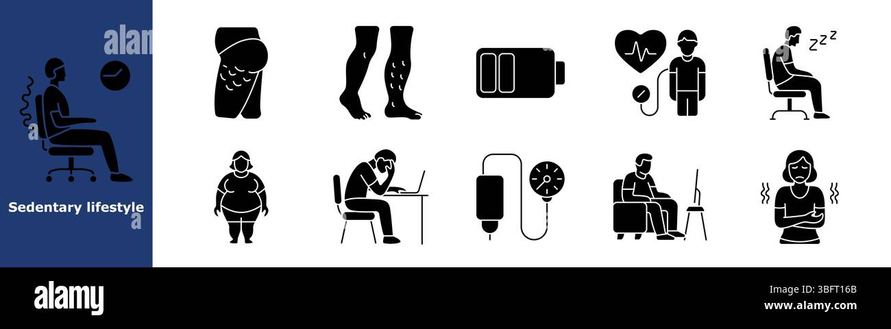 Sedentary lifestyle set icon. Office chair, clock, varicose veins ...