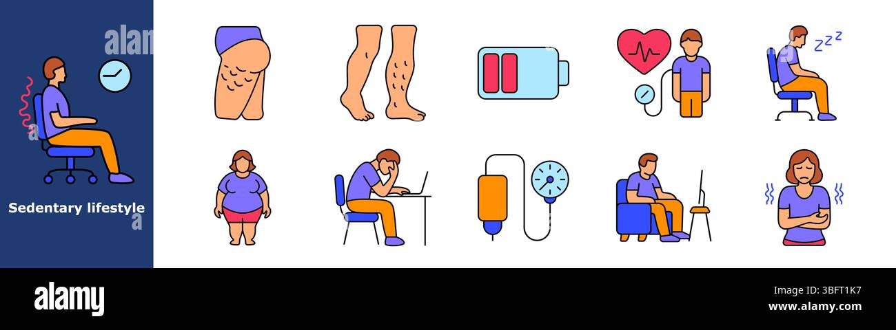 Sedentary lifestyle color set icon. Spine strain, leg swelling, obesity ...