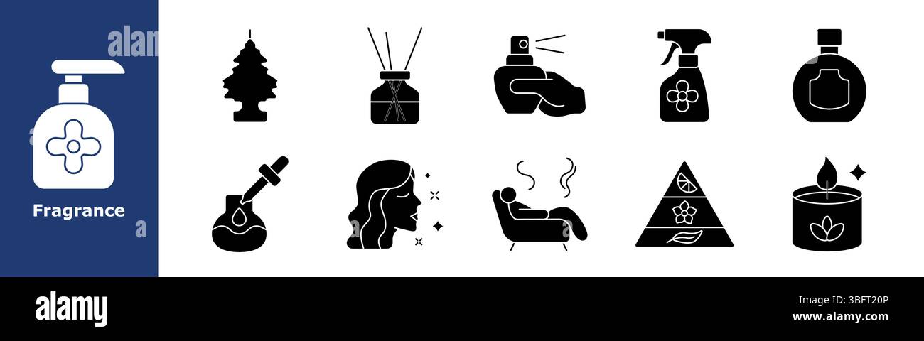 Fragrance set icon. Tree freshener, bottle diffuser, spray hand, mist ...