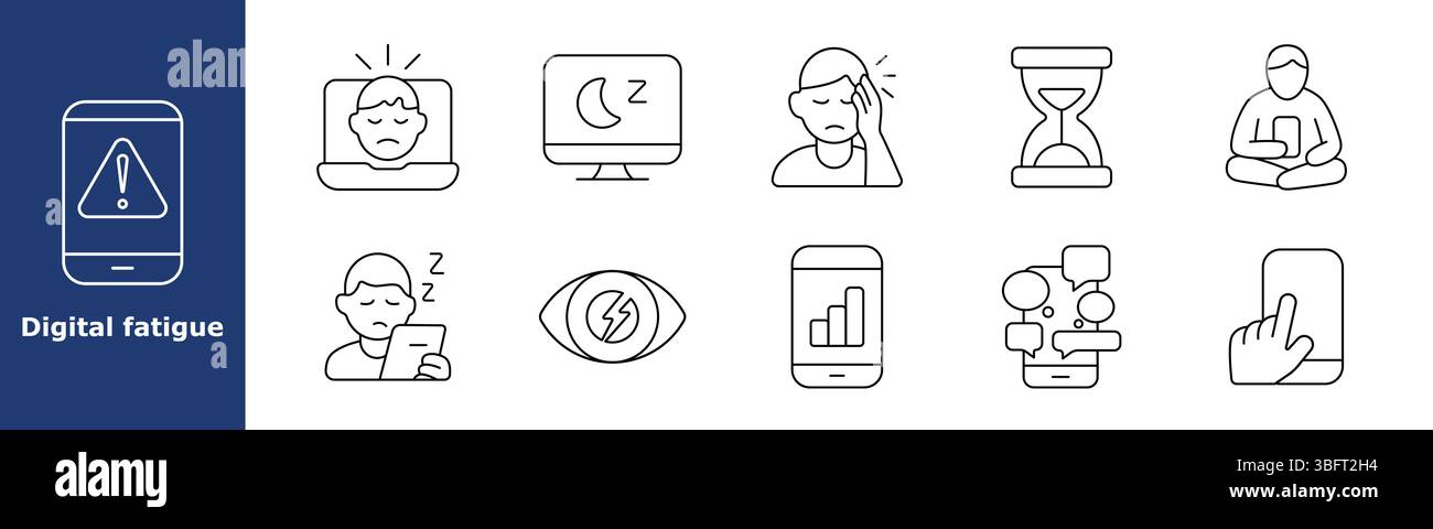 Digital fatigue set icon. Phone warning, man with laptop, sleeping ...
