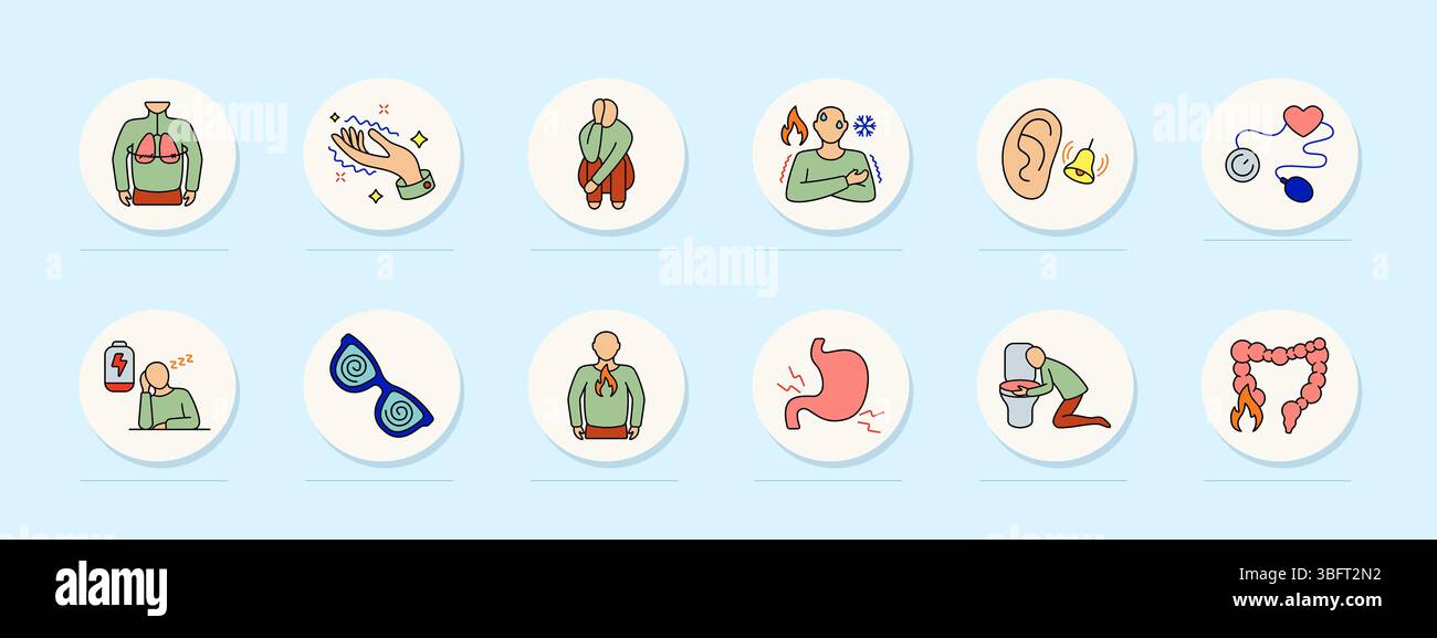 Panic attack set icon. Breathing problem, shaking hand, stress posture ...