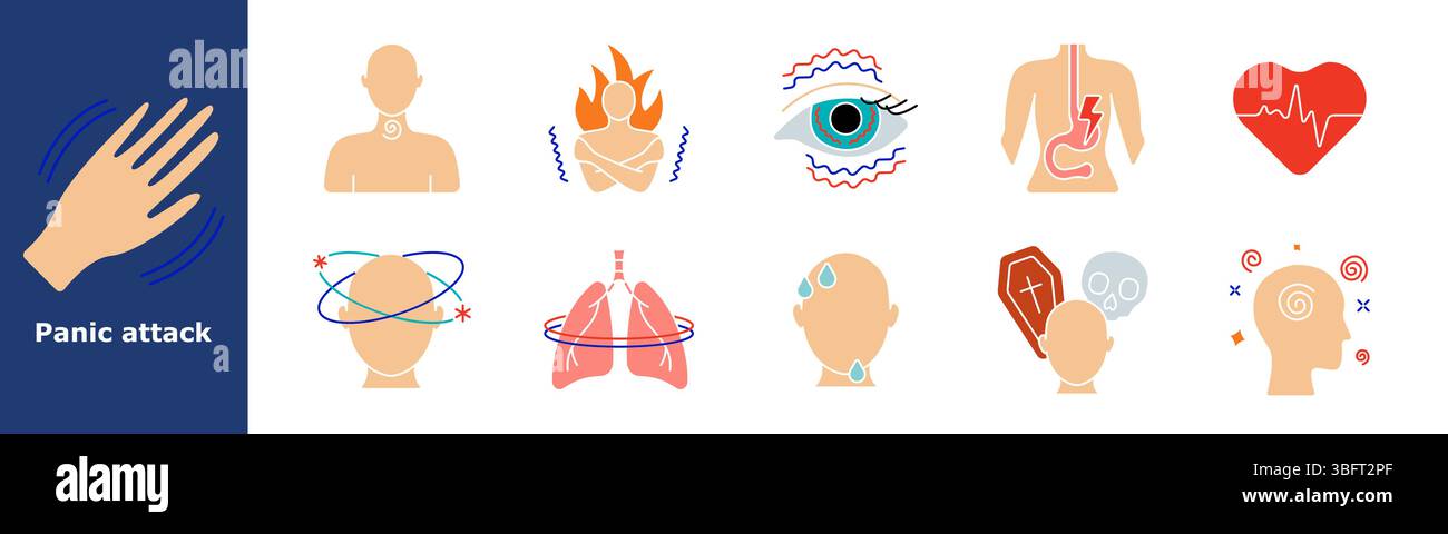 Panic attack set icon. Sweating, throat tension, burning skin, shaking ...