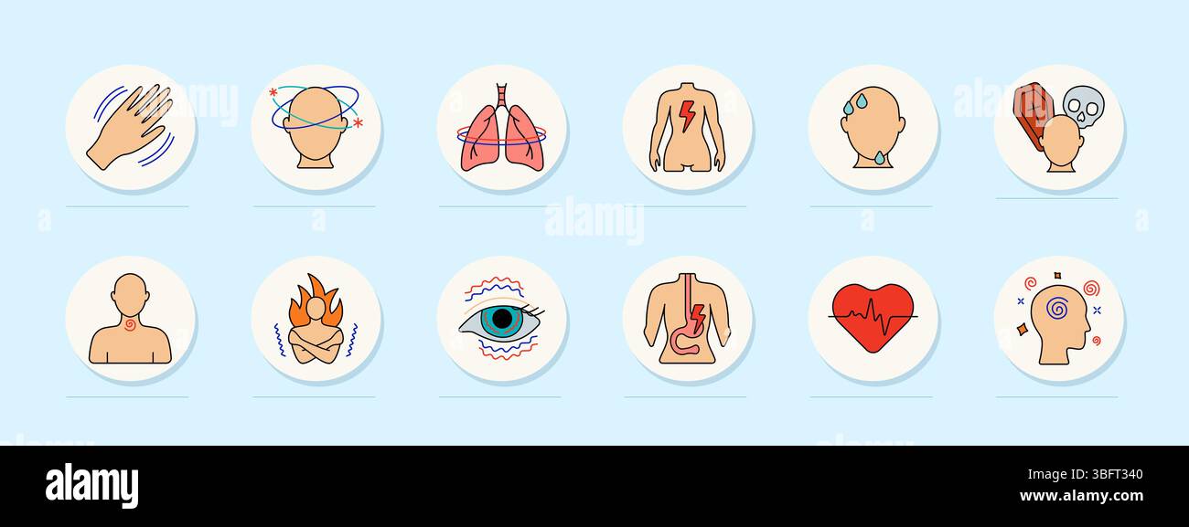 Anxiety symptoms set icon. Hand tremor, head spinning, lung tension ...