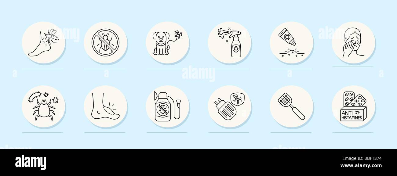 Insect allergy set icon. Mosquito bite, bug stop, pet danger, repellent ...